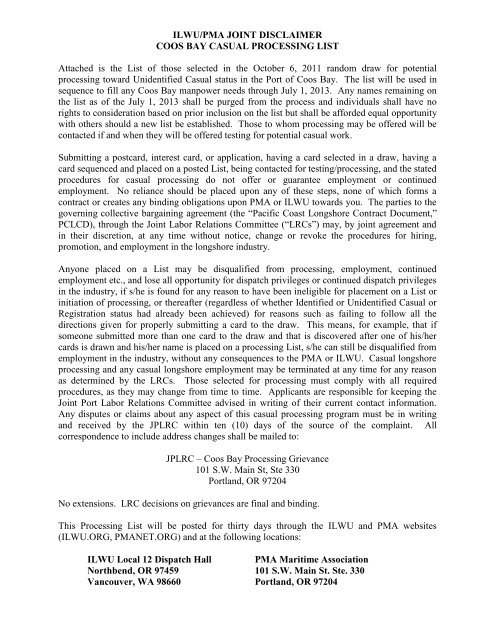 ILWU/PMA JOINT DISCLAIMER COOS BAY CASUAL ...