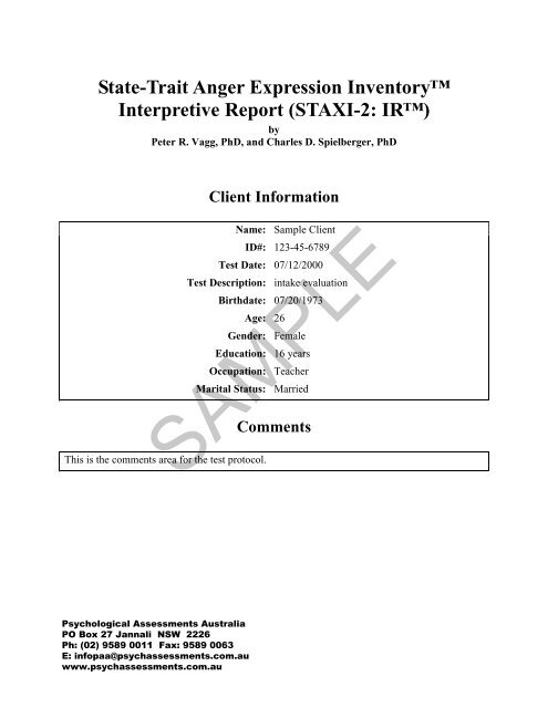 State-Trait Anger Expression Inventory™ Interpretive Report (STAXI ...