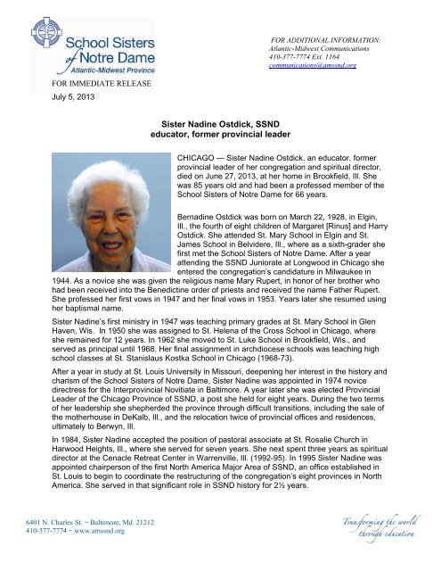 Sister Nadine Ostdick - School Sisters of Notre Dame