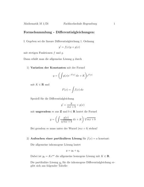 Formelsammlung - Differentialgleichungen: