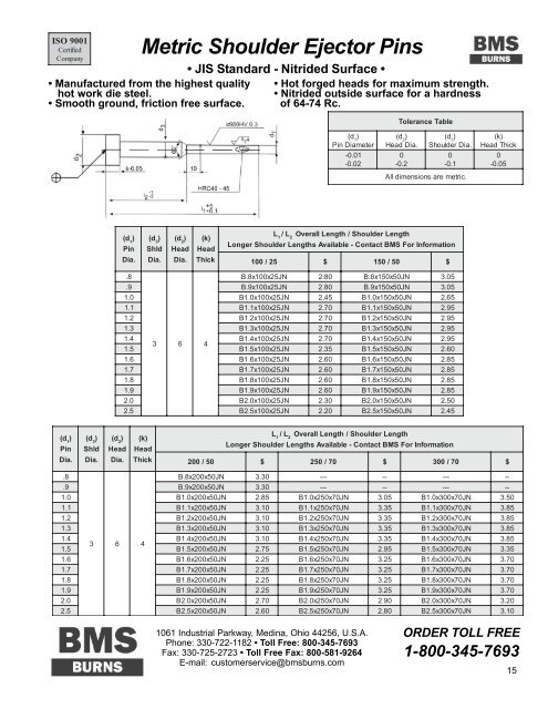 Metric Shoulder Ejector Pins - BMS Burns