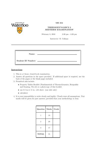 ME 354 THERMODYNAMICS 2 MIDTERM EXAMINATION February ...