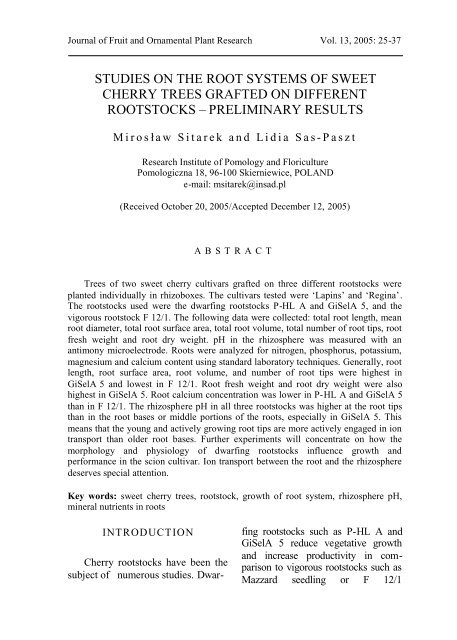 studies on the root systems of sweet cherry trees grafted on different ...