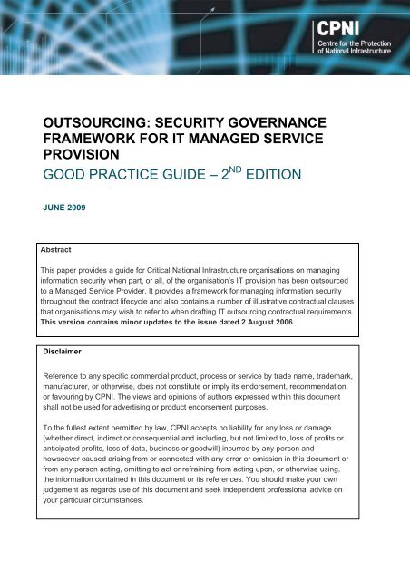 Security governance framework for IT managed service ... - CPNI