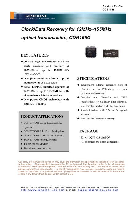 Clock/Data Recovery for 12MHz~155MHz optical ... - Es.co.th