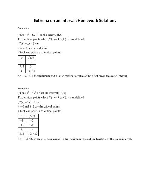 Extrema on an Interval: Homework Solutions
