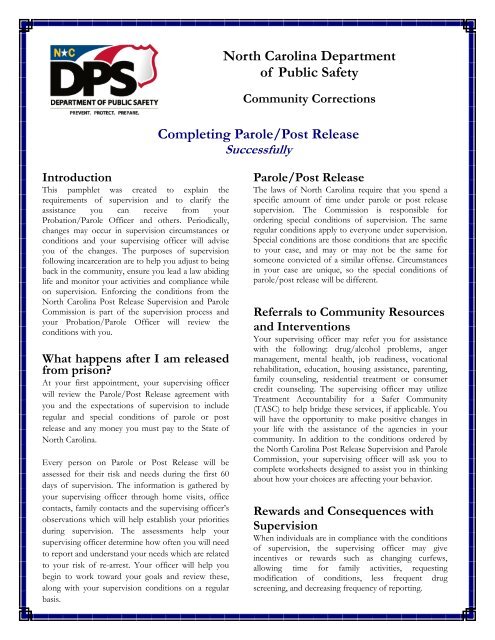 Completing Parole/Post Release Successfully - North Carolina ...