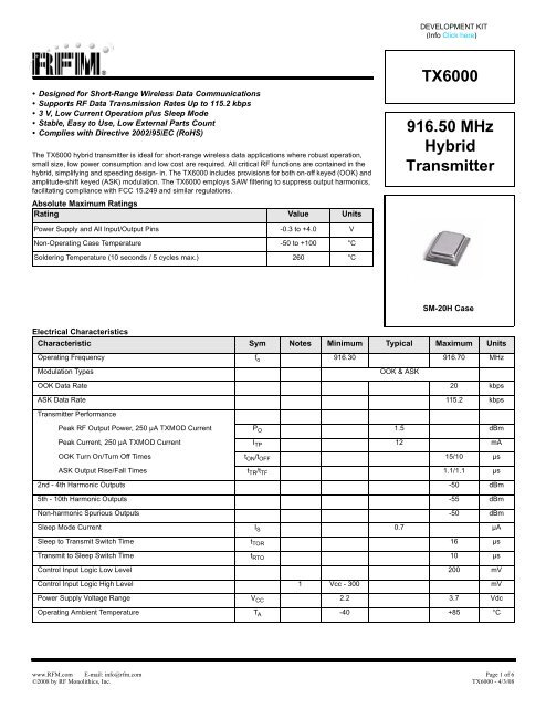 916.50 MHz Hybrid Transmitter TX6000 - RF Monolithics, Inc.
