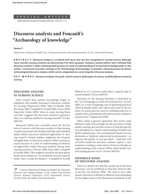 Discourse analysis and Foucault's â Archaeology of knowledgeâ