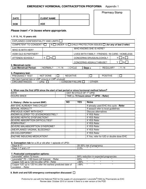 EMERGENCY HORMONAL CONTRACEPTION PROFORMA ...