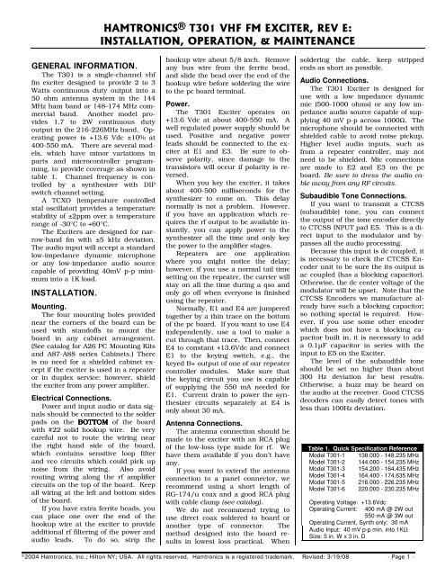 HAMTRONICSÂ® T301 VHF FM EXCITER, REV E ... - Hamtronics Inc.