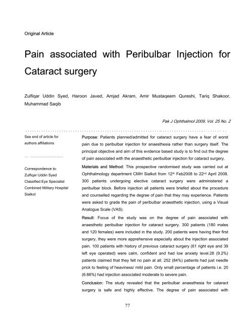 Pain associated with Peribulbar Injection for Cataract surgery