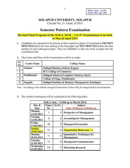 Semester Pattern Examination - Solapur University