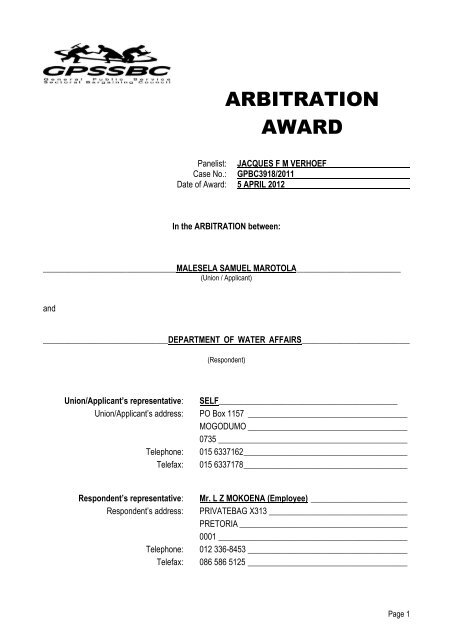 ARBITRATION AWARD - GPSSBC