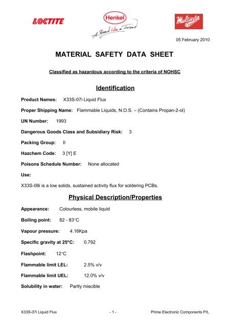 MATERIAL SAFETY DATA SHEET - Prime Electronics
