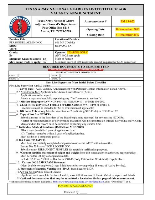 texas army national guard enlisted title 32 agr vacancy announcement