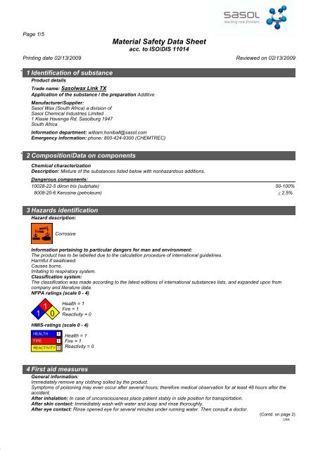 Material Safety Data Sheet - Sasolwax US