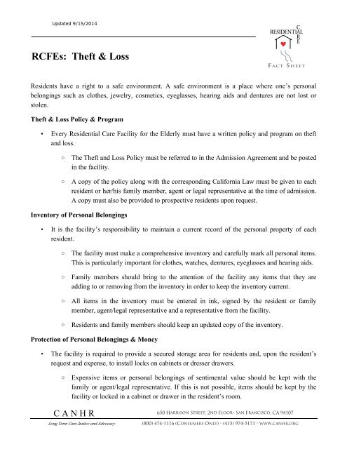 Theft and Loss - California Advocates for Nursing Home Reform