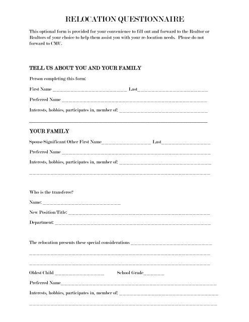 RELOCATION QUESTIONNAIRE