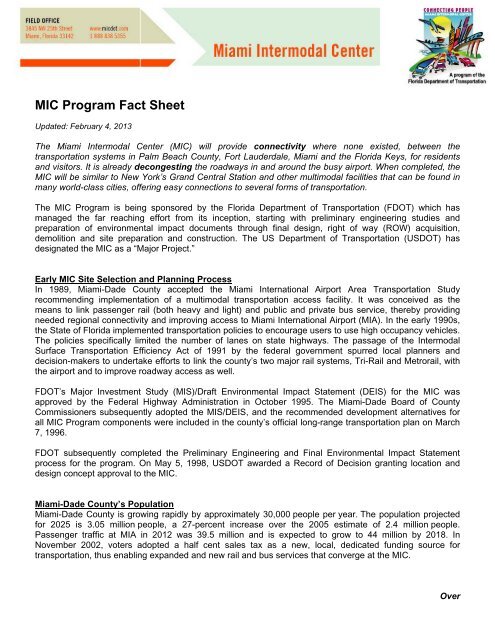 MIC Program Fact Sheet - Miami Intermodal Center