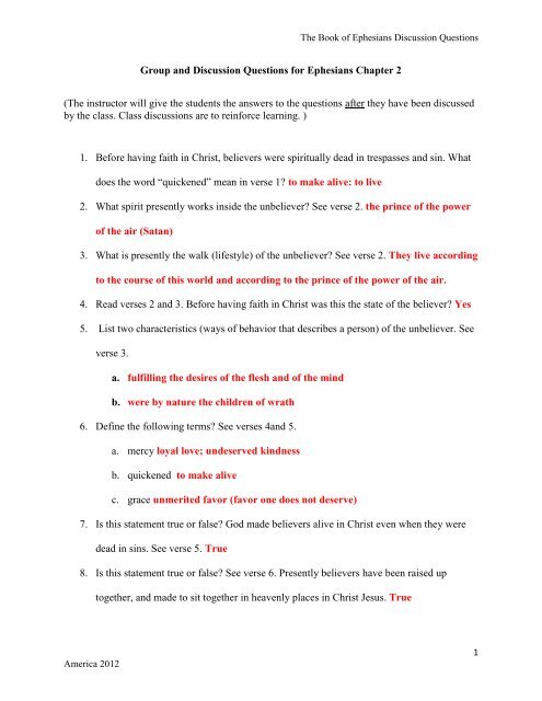 Key to Discussion Questions for Ephesians Chapter 2 Key to Discussion Questions for Ephesians Chapter 2