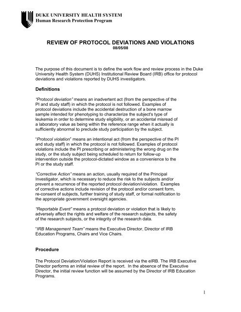 Review Of Protocol Deviations And Violations Institutional Review