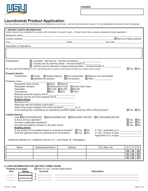 Laundromat Product Application - All States - Usli.com