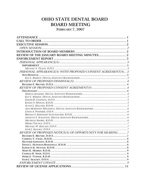 OHIO STATE DENTAL BOARD BOARD MEETING - the Ohio State ...