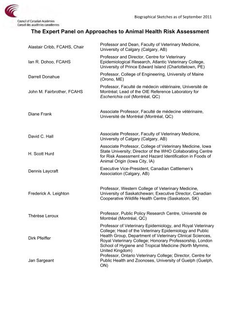 The Expert Panel on Approaches to Animal Health Risk Assessment