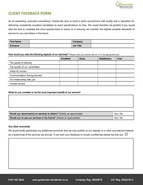 Feedback form - Grassroots Recruitment