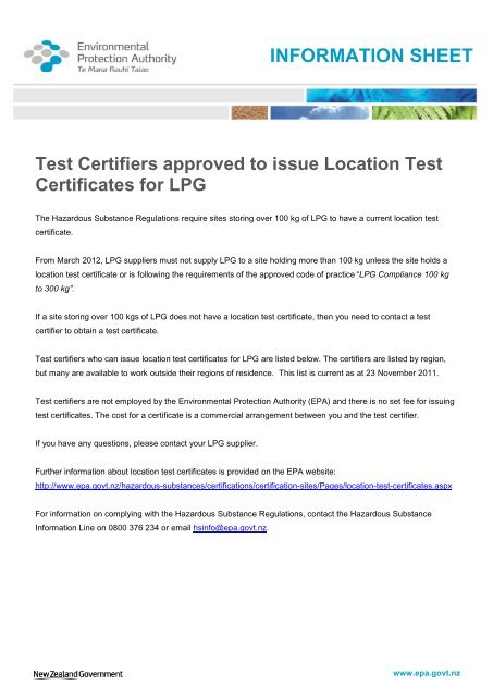 Test Certifiers for LPG Location Certificates