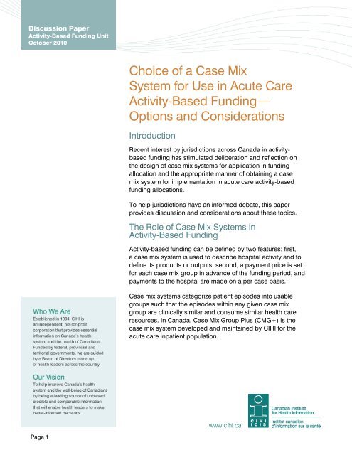 Choice of a Case Mix System for Use in Acute Care Activity ... - CIHI