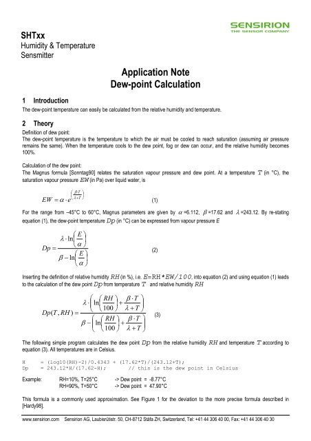 Application Note Dew-point Calculation