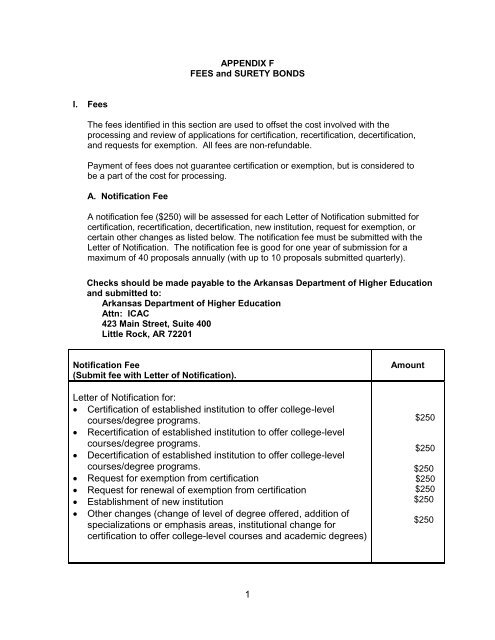 Fees and Surety Bonds - Arkansas Department of Higher Education