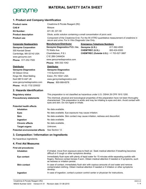 MATERIAL SAFETY DATA SHEET - Sekisui Diagnostics