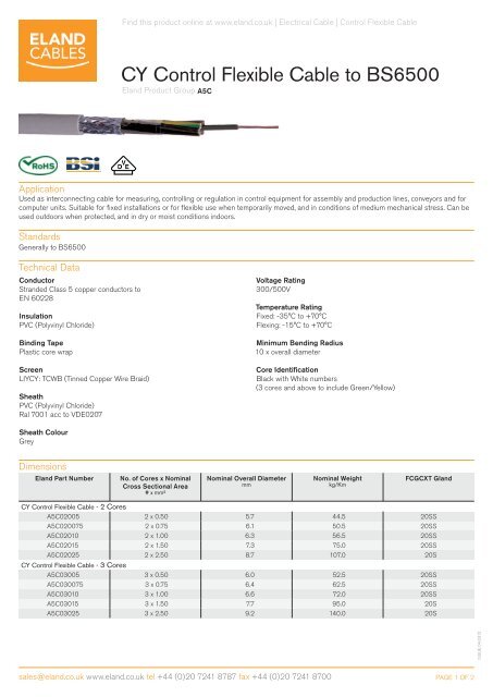 CY Control Flexible Cable to BS6500 - Eland Cables
