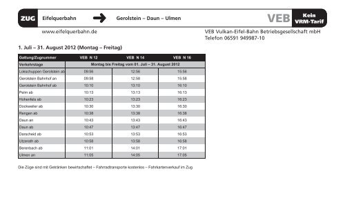 Eifelquerbahn Fahrplan Gerolstein - Daun - Ulm