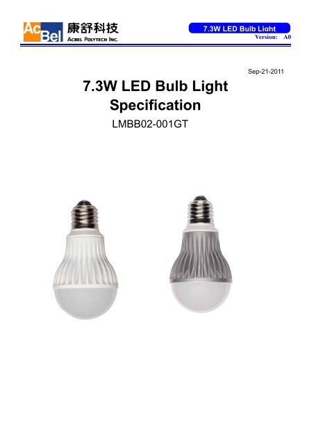 7.3W LED Bulb Light Specification