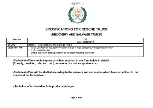 SPECIFICATIONS FOR RESCUE TRUCK