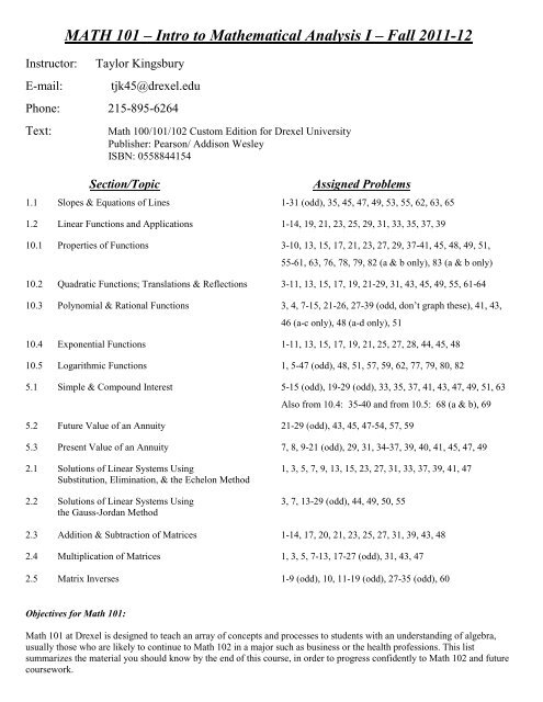 MATH 101 â Intro to Mathematical Analysis I ... - Drexel University