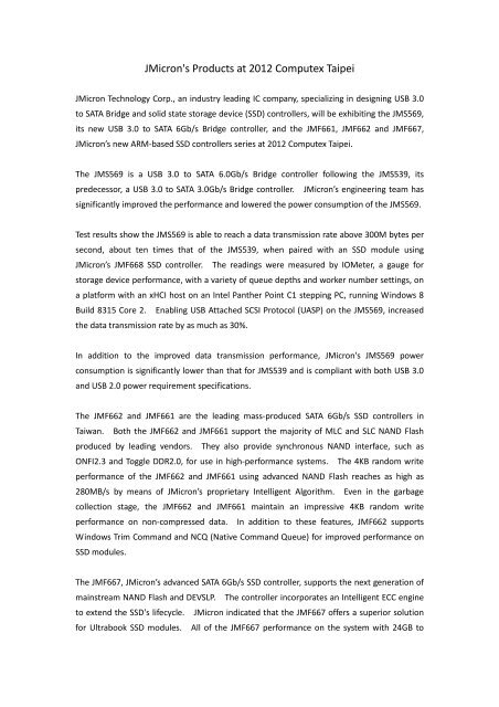 JMicron's Products at 2012 Computex Taipei - JMicron Technology