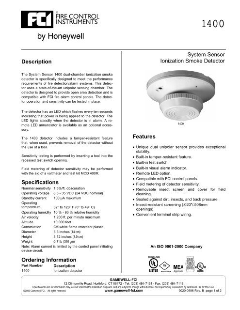 System Sensor Ionization Smoke Detector Features ... - Gamewell-FCI