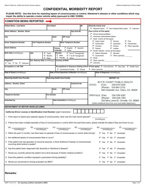 Confidential Morbidity Report for DMV - Butte County