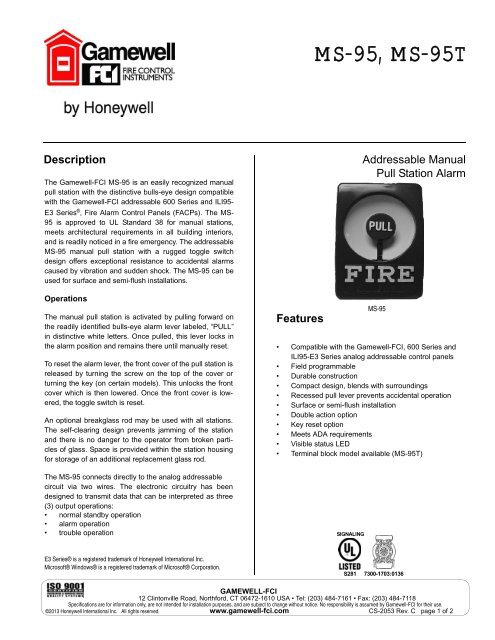 MS-95 Series Addressable Manual Pull Station - Gamewell-FCI MS-95 Series Addressable Manual Pull Station - Gamewell-FCI