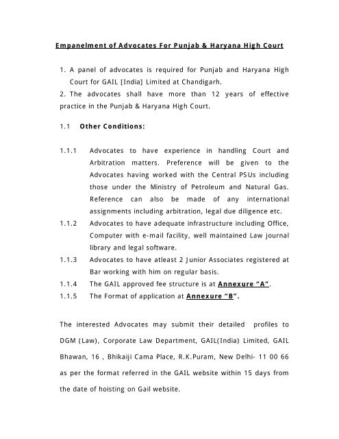 Empanelment of Advocates For Punjab & Haryana ... - GAIL (India)