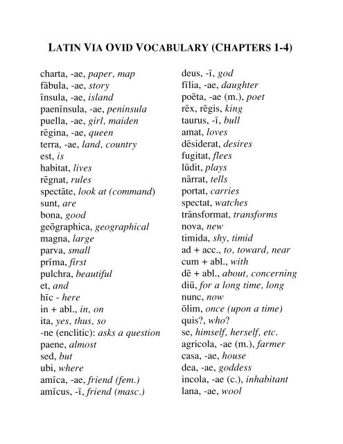 LATIN VIA OVID VOCABULARY (CHAPTERS 1-4 ... - The Latin Library