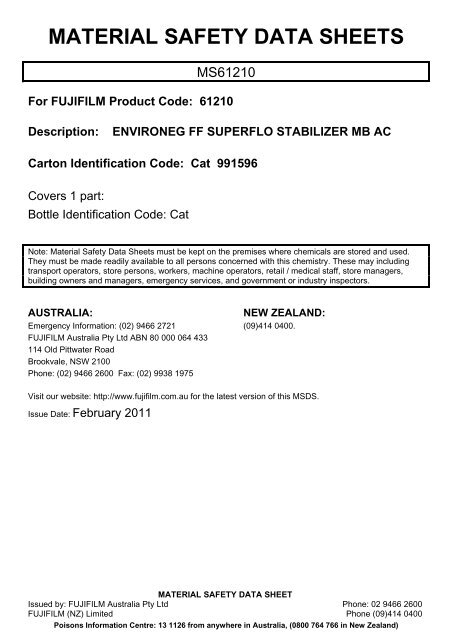 MATERIAL SAFETY DATA SHEETS - FUJIFILM Australia