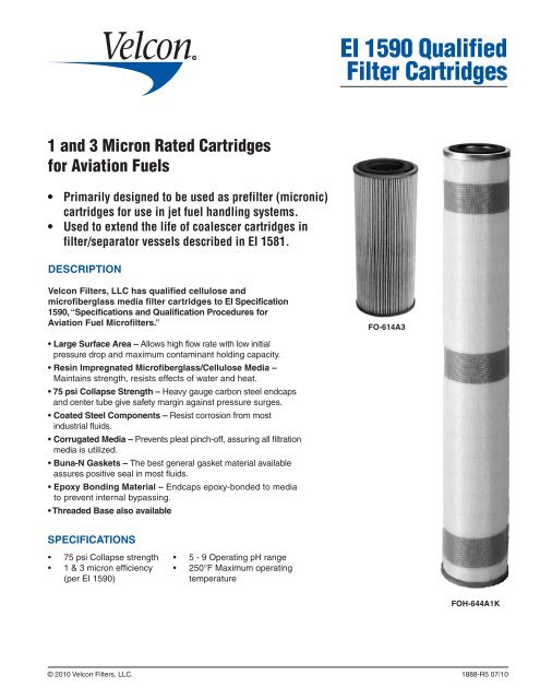 Pleated Media Series EI 1590 Qualified Cartridges - Velcon Filters