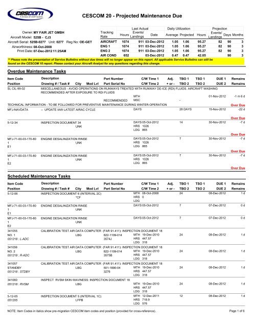 CESCOM 20 - Projected Maintenance Due - Omni Jet Trading