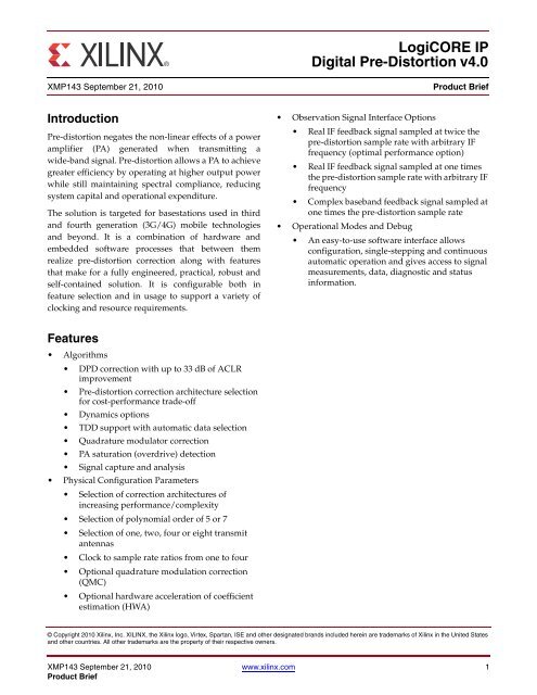 Xilinx Xmp143 Logicore Ip Digital Pre Distortion V40 Product Brief